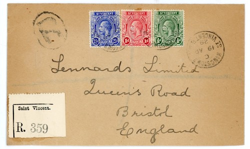 P58/17 ST VINCENT 1929 REGISTERED COVER X3 STAMPS TO ENGLAND | eBay