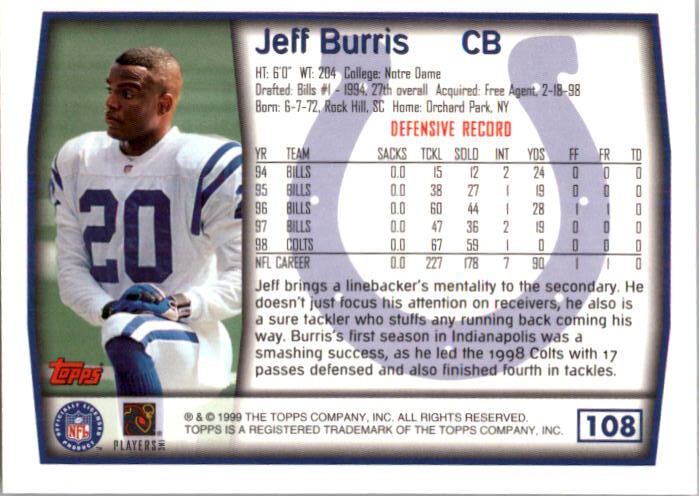 1999 Topps Football Card #108 Jeff Burris | eBay