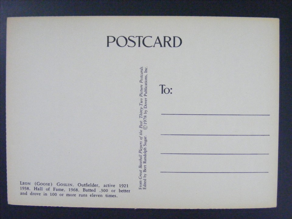 Leon Goose Goslin St. Louis Browns Vintage Vtg B&W 1978 Dover Postcard ...