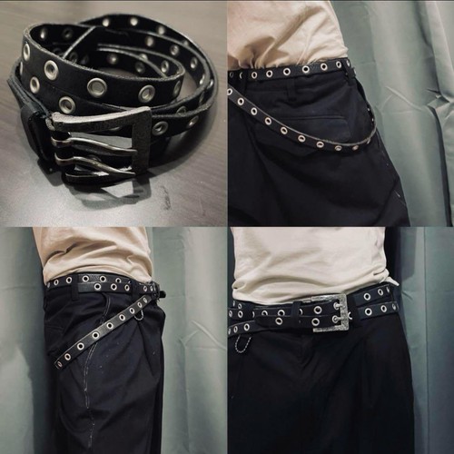 Genuine Cowhide Double Pin Arrangement Studded Belt Hyde Black Leather | eBay