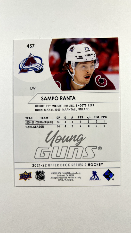 Sampo Ranta 2021-22 Upper Deck Series 2 #457 Young Guns RC Avalanche | eBay