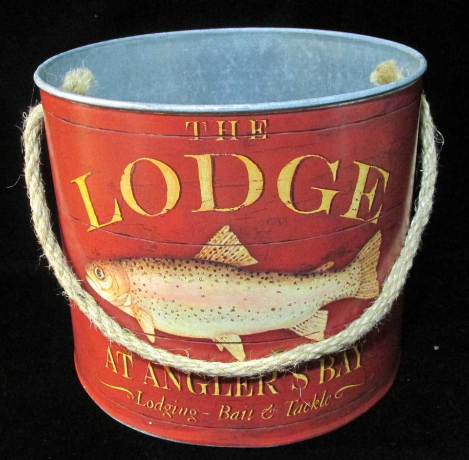 The Lodge Bucket Decorative Can Anglers Bay Fishing Theme w/ Artificial ...