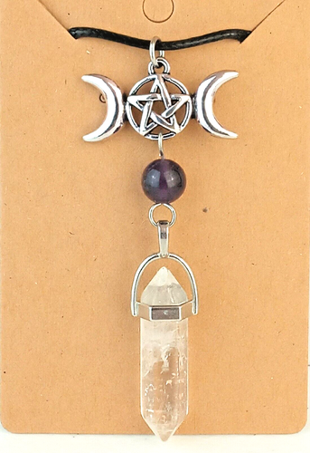 Triple Moon Goddess Pentagram Clear Crystal Amethyst Pendant Necklace ...