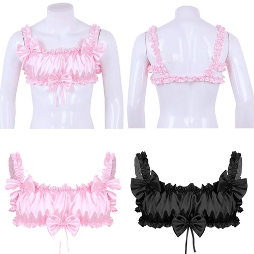 Mens Lingerie Satin Frilly Wire-free Support Shoulder Straps Backless ...