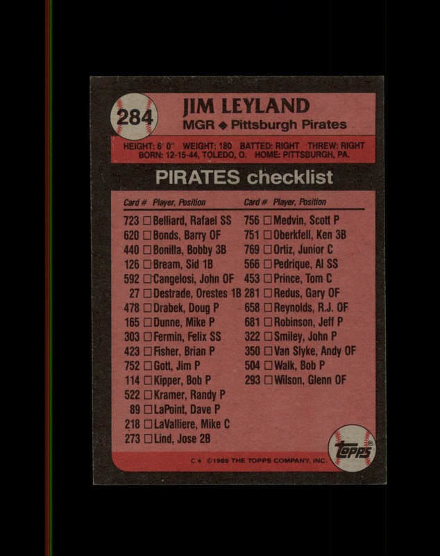 Jim Leyland Signed 1989 Topps #284 Pittsburgh Pirates IPA In Person ...