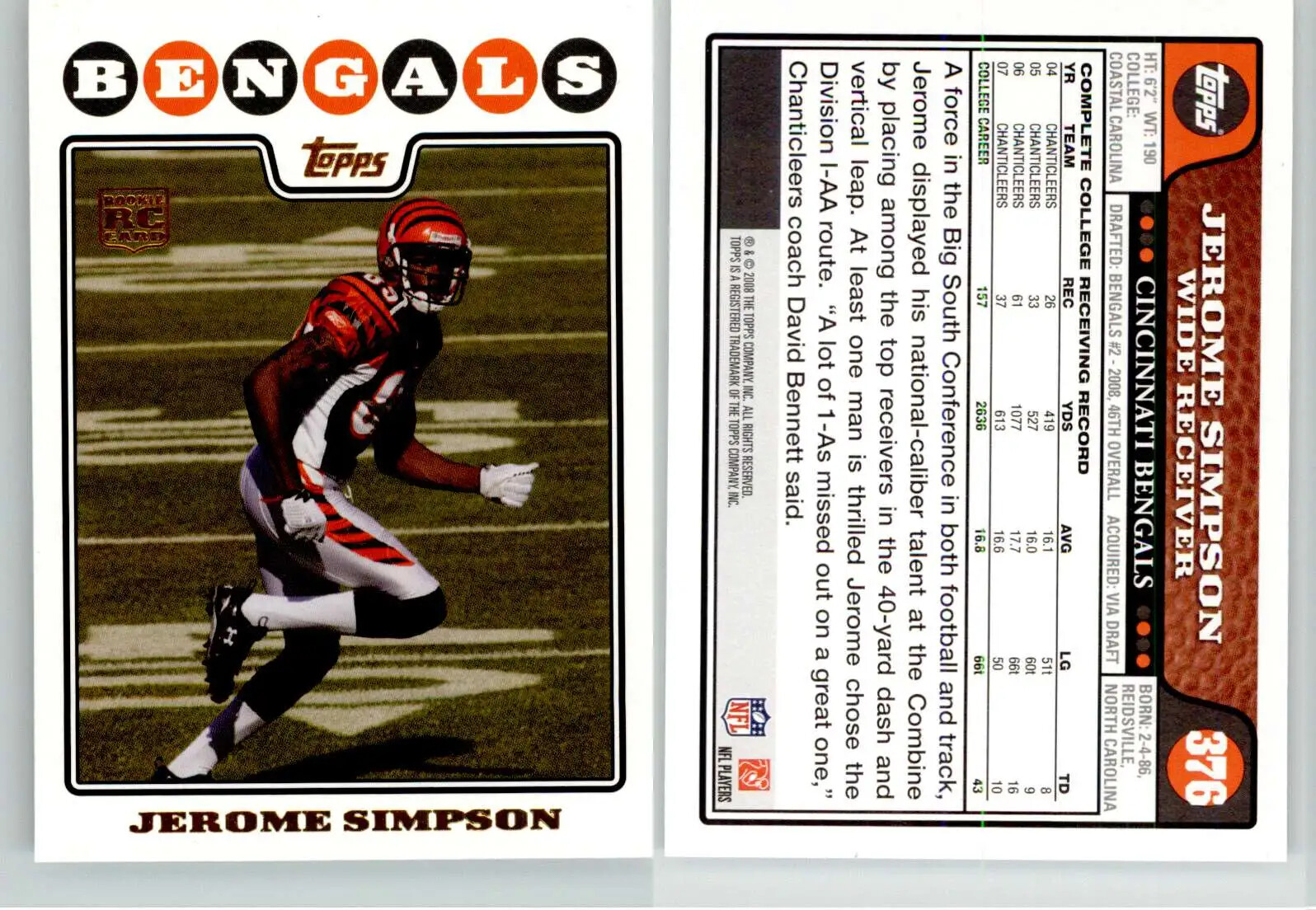 Jerome Simpson 2008 Topps Gold Foil #376 Bengals RC Rookie EX-NM | eBay