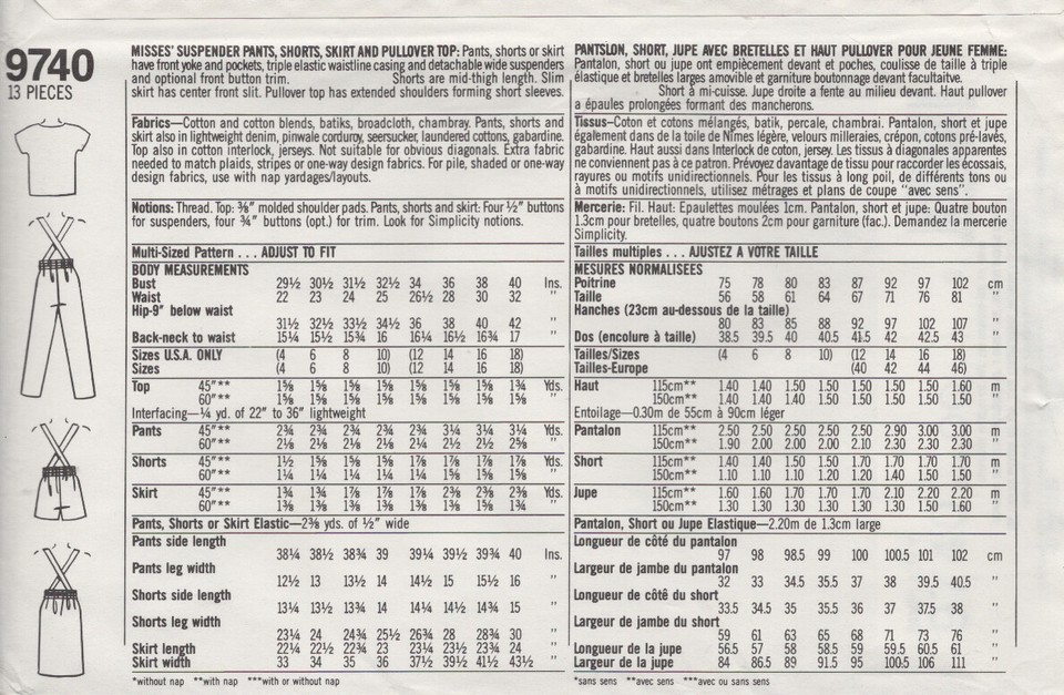Simplicity Pattern 9740 ©1990 Suspender Pants, Shorts, Skirt, Top, Size ...
