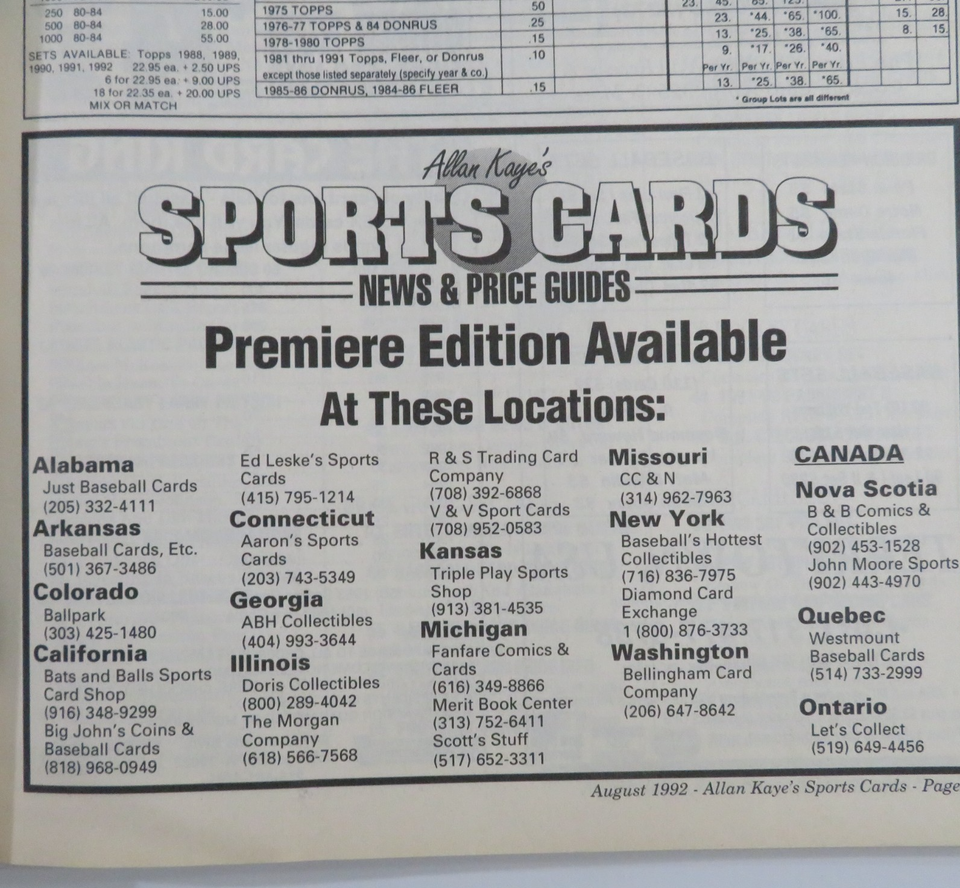 Allan Kaye's Sports Cards Magazine August 1992 Ryne Sandberg Aaron Ryan ...