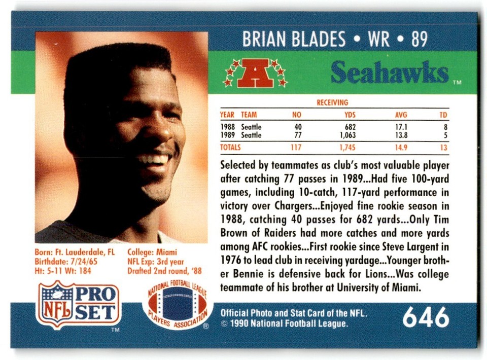 1990 Pro Set Brian Blades Seattle Seahawks #646 | eBay
