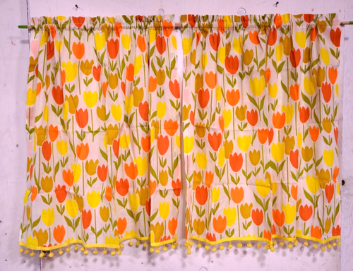 Vintage 70s Flower Power Pair of Cafe Curtains w/ Ball Fringe 40"w x 35 ...