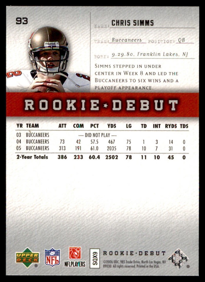 2006 Upper Deck Rookie Debut #93 Chris Simms Tampa Bay Buccaneers | eBay