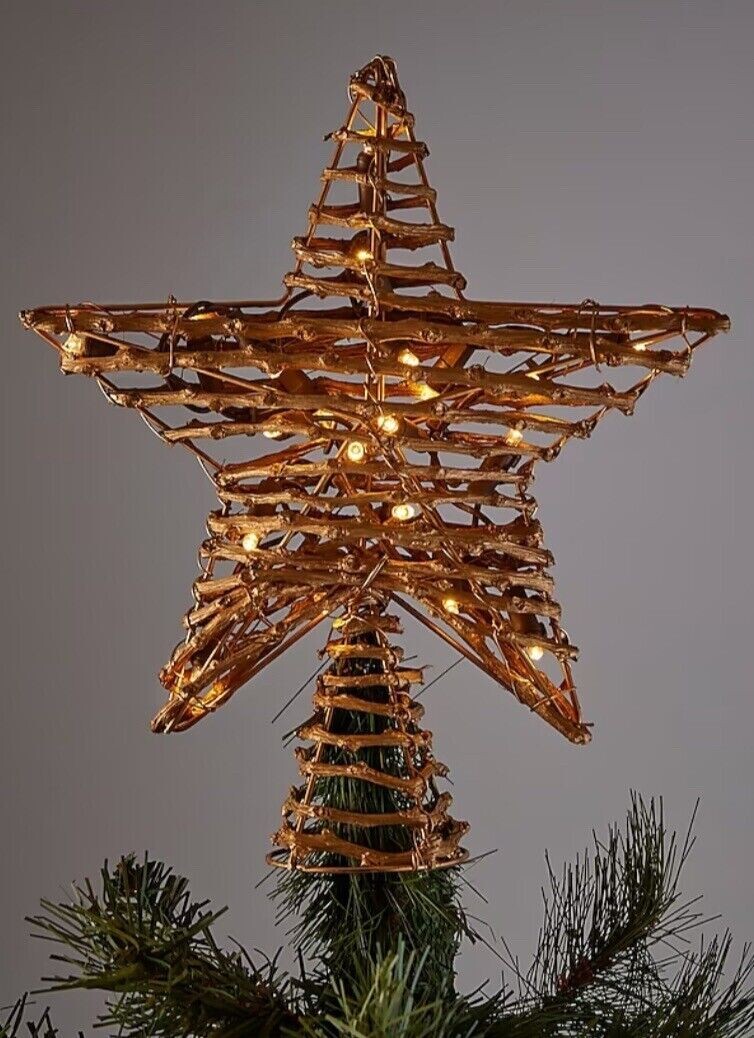 GE 11”WOODLAND STAR CHRISTMAS TREE TOPPER 10 LED BROWN/ WHITE GRAPEVINE ...