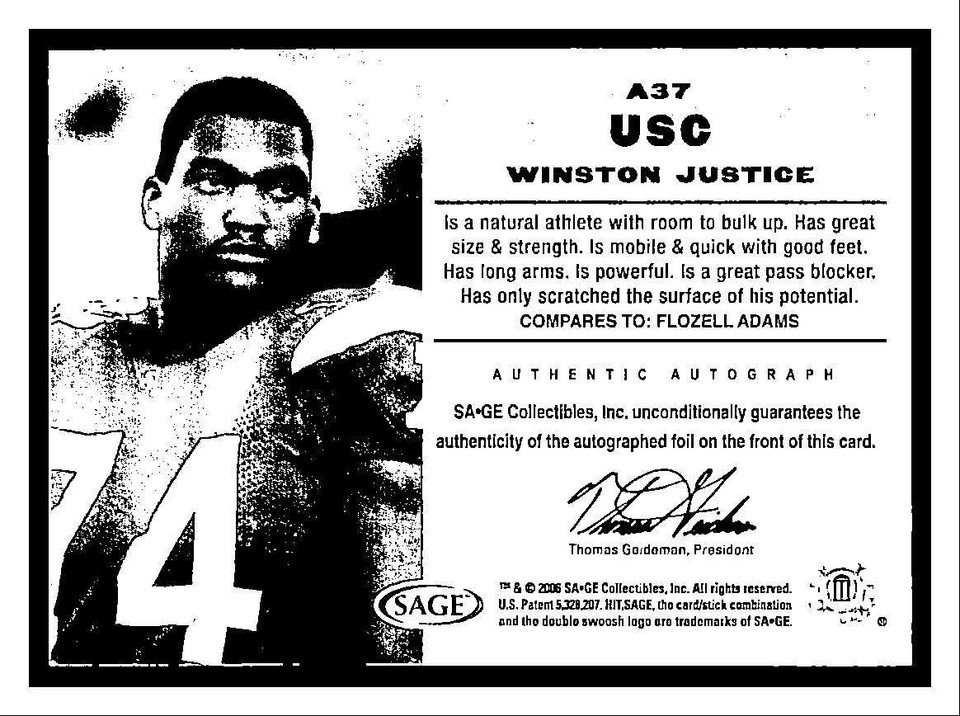 Winston Justice 2006 SAGE HIT A37 AU Autographs Blue Auto | eBay