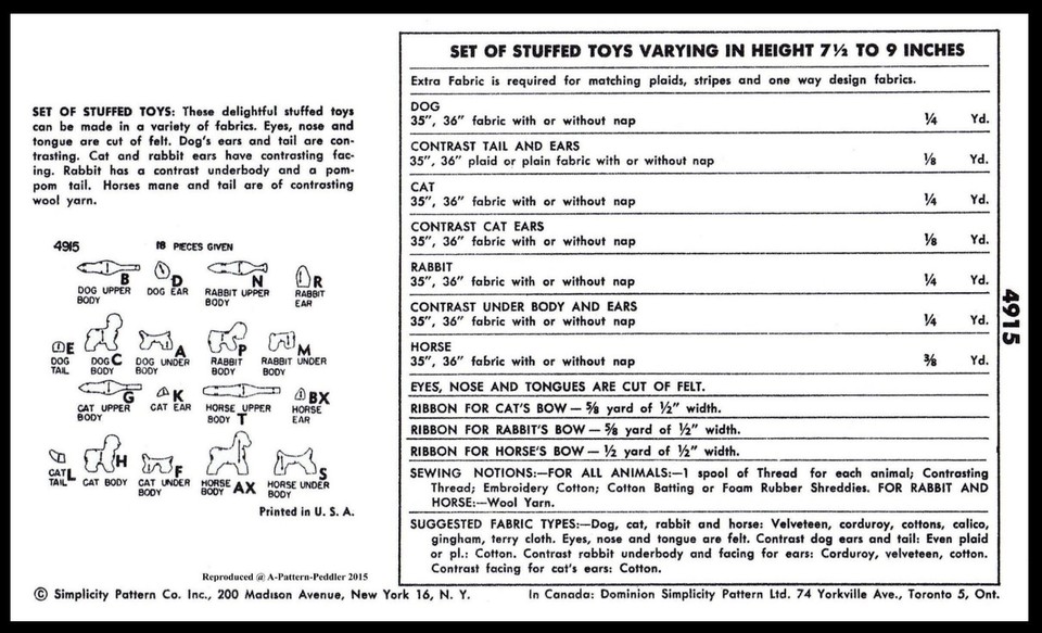 Stuffed Animal Sewing Pattern SIMPLICITY 4915 Rabbit Cat Dog Horse Toy ...