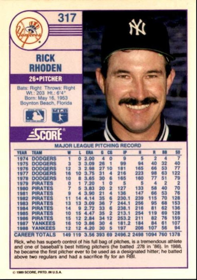1989 Score Rick Rhoden New York Yankees #317 | eBay