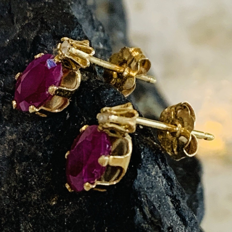 VTG 14k Yellow Gold Oval Ruby & Diamond Earrings ~3ctts .67gr Buttercup ...
