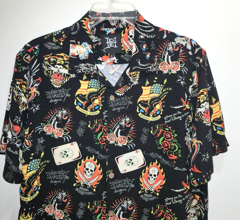 Ed Hardy Men's Camp Tattoo Artwork Shirt Skull Fire Cards Heart Size ...
