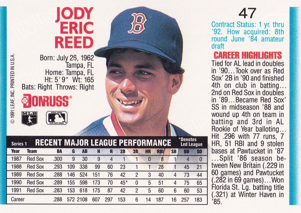 1992 Donruss #47 Jody Reed MLB Boston Red Sox + (Yes 4 Free Mystery ...