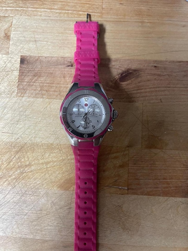 MICHELE TAHITIAN JELLY BEAN WATCH PINK & SILVER EX COND WORKS FREE ...