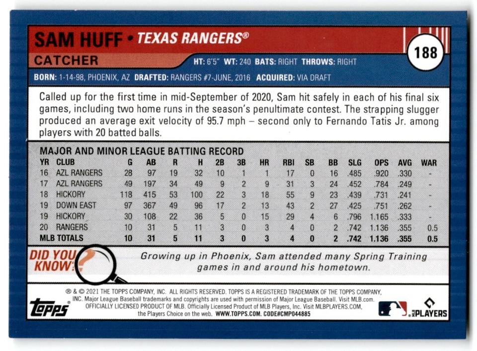 2021 Topps Big League Sam Huff Texas Rangers #188 | eBay