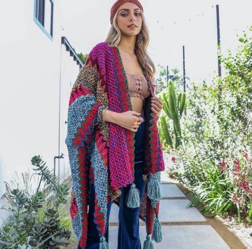 M New Boho Hippie Knit Tasseled Pink Cardigan Sweater Top Womens MEDIUM ...