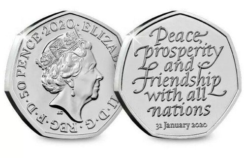 50p Fifty Pence Coin Brexit Peace Prosperity Friendship 31st January ...
