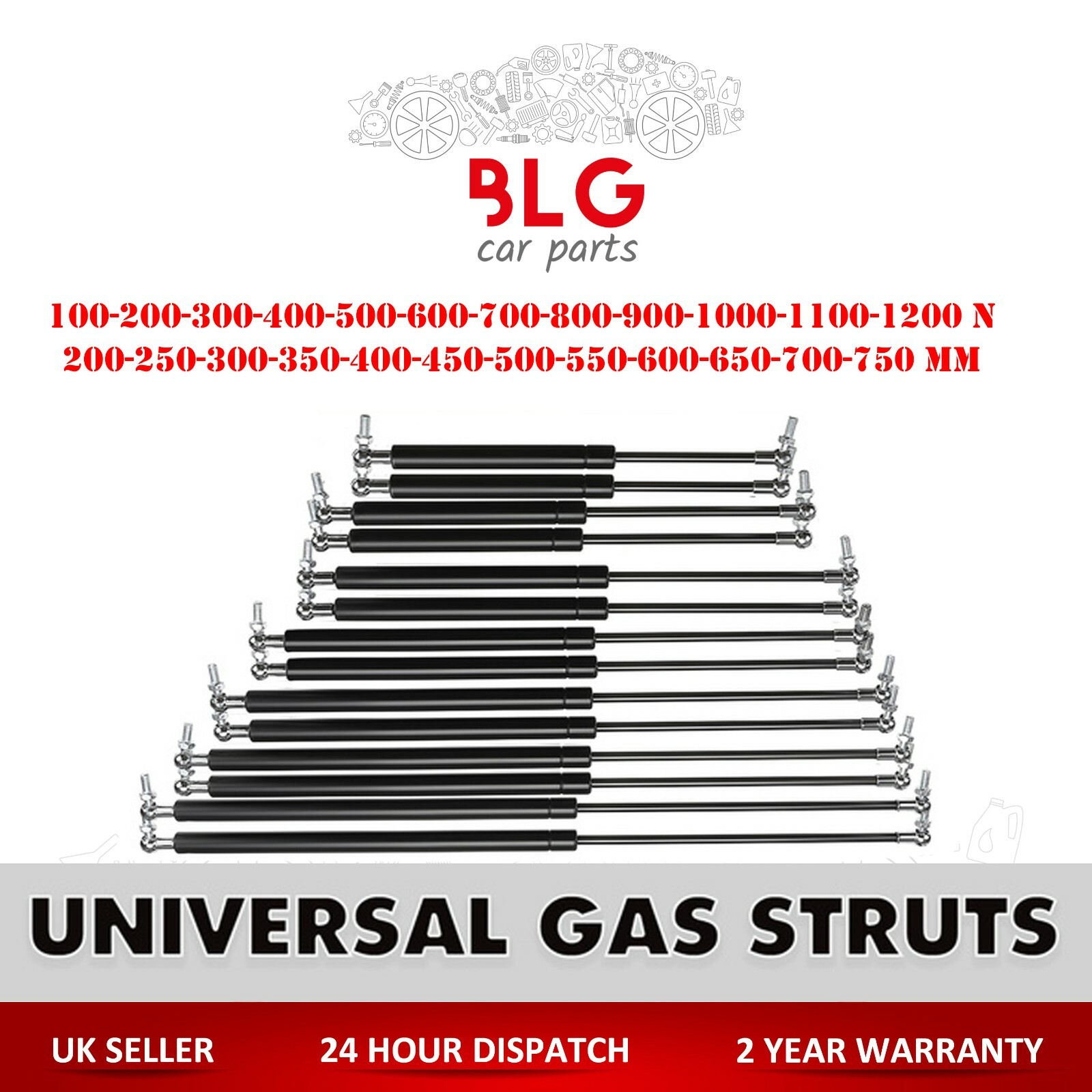 UNIVERSAL GAS STRUTS 200-800MM MULTI PURPOSE 100N-1200N BALLJOINT OR ...
