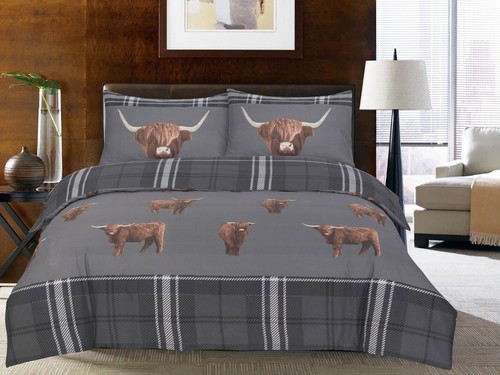 Highland Cow Bedding Set Reversible Duvet Cover Grey Tartan Check | eBay UK