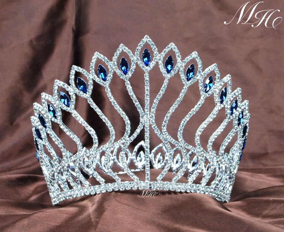 Large Contoured Pageant Tiara Blue Rhinestone Crown Wedding Prom Party ...