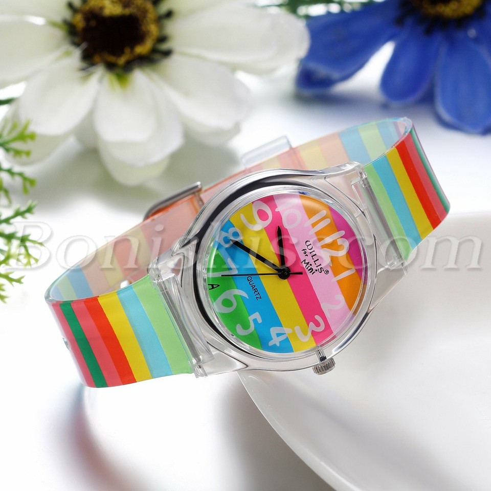 Kids Rainbow Color Stripe Cartoon Transparent Quartz Watches Children's ...