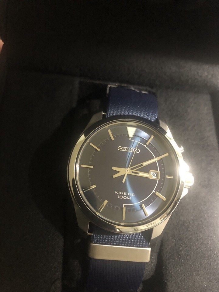 SEIKO mens kinetic 100m watch Blue Dial Date S/S Large Case, Canvas ...