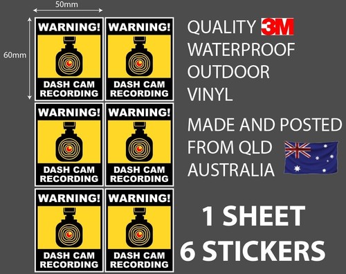 WARNING DASHCAM RECORDING 6 Stickers on 1 Sheet 60x50mm 3M Vinyl CAR ...