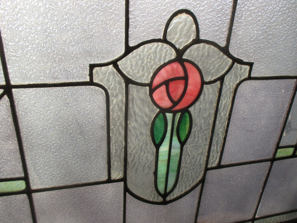 ANTIQUE AMERICAN STAINED GLASS WINDOW ROSE 45.7 x 27 ~ ARCHITECTURAL ...