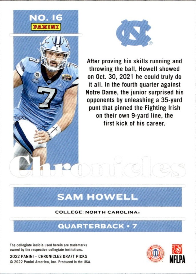 Sam Howell 2022 Chronicles Draft Picks - RC #16 - North Carolina Tar ...