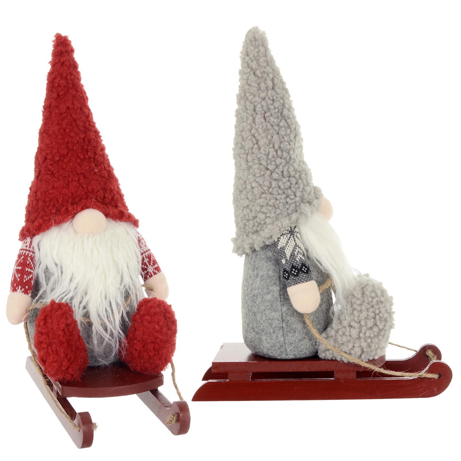 Christmas Gonk Wooden Sledge Decoration Fabric Gnome Figure Red Grey ...
