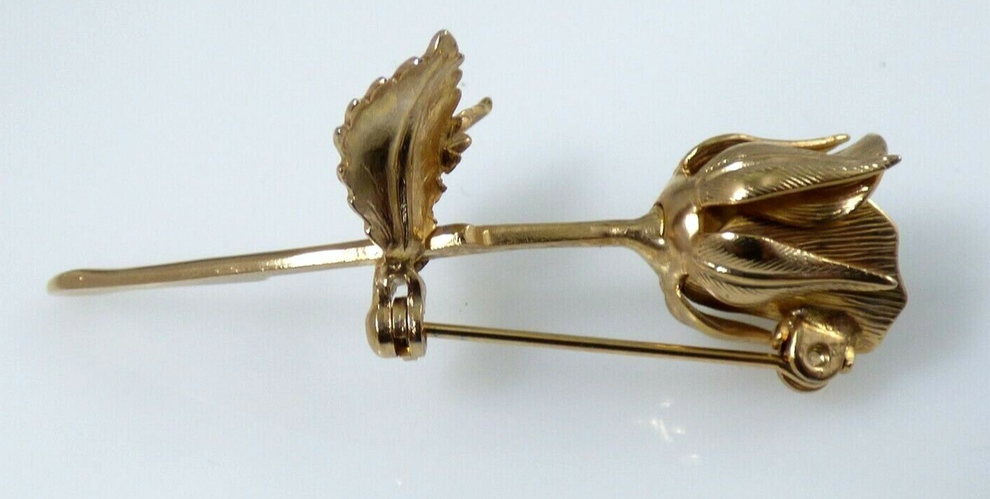 Rose Brooch Pins Gold Tone Metal with Leaves Stems Red Enamel Lot of 2 ...