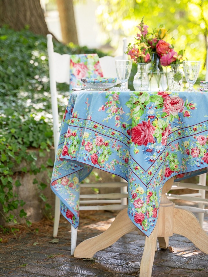 April Cornell Cottage Rose Tablecloth 54 x 54 Breakfast Cloth Sky Blue ...