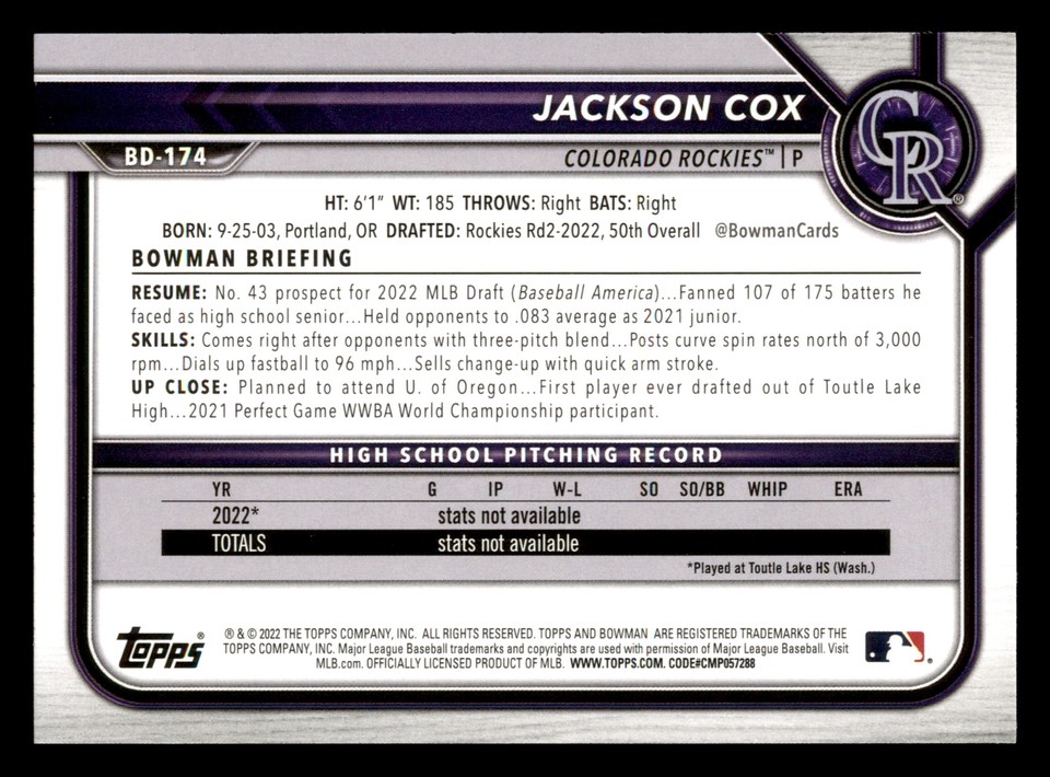 Jackson Cox 2022 Bowman Draft #BD-174 1st Bowman Colorado Rockies | eBay