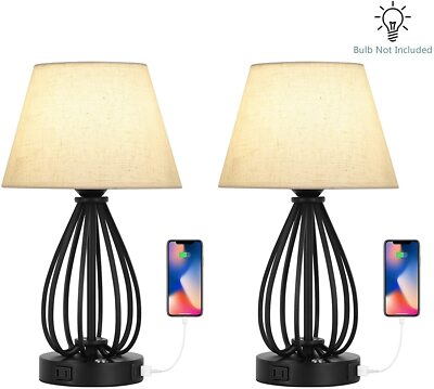 Set of 2 Modern USB Table Desk Lamps w/USB & AC Outlet Hollowed Out ...