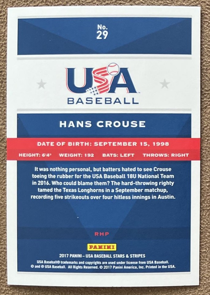 2017 Panini Stars & Stripes Longevity Hans Crouse Rookie #29 Team USA ...