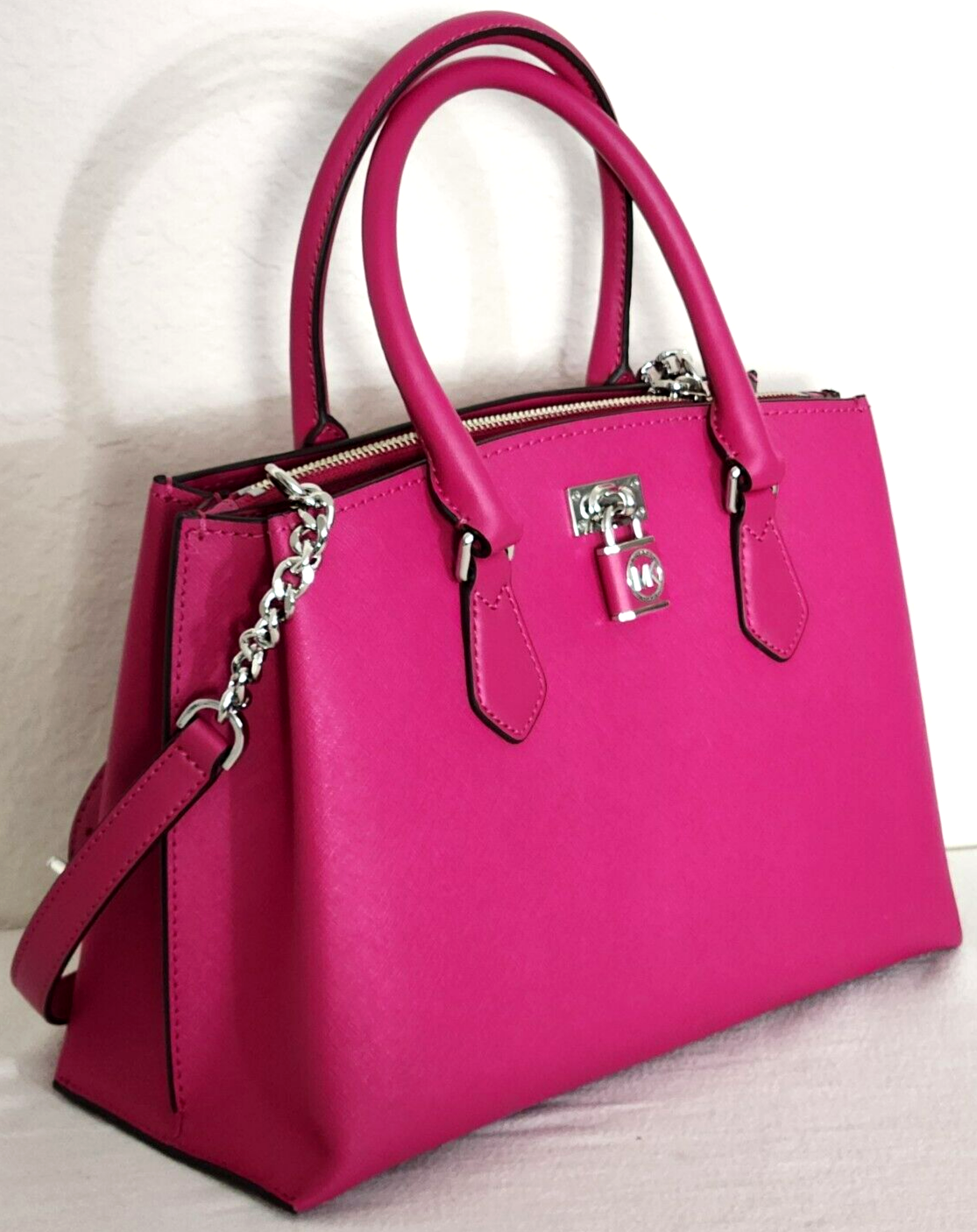 🌞MICHAEL KORS RUBY DEEP FUCHSIA PINK SILVER SAFFIANO LEATHER SATCHEL ...