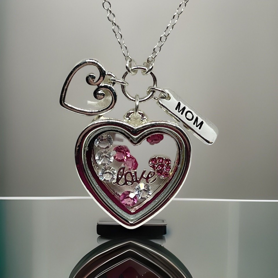 Vintage Glass Heart Pink & Clear Crystals Silvertone Locket Pendant ...