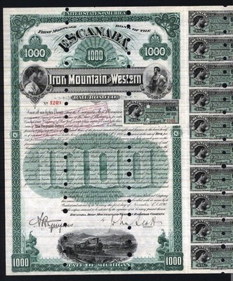 1890 Michigan - Escanaba iron Mountain & Western RR - EX RARE Stock ...