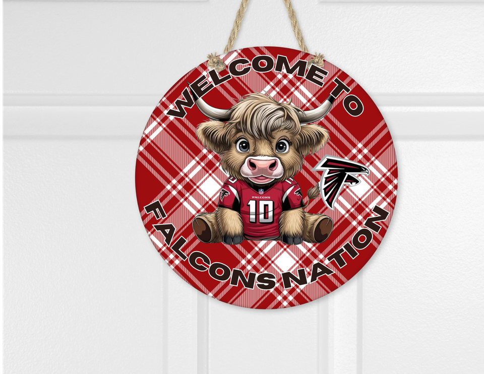 Handmade Atlanta Falcons Highland Cow Inspire Welcome 8in Round Door ...