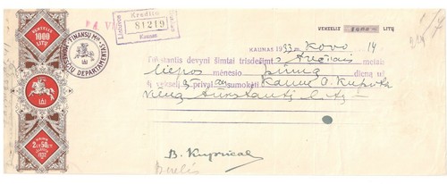 Lithuania VEKSELIS 1000 litu 1932 KAUNAS bill of exchange / promissory ...