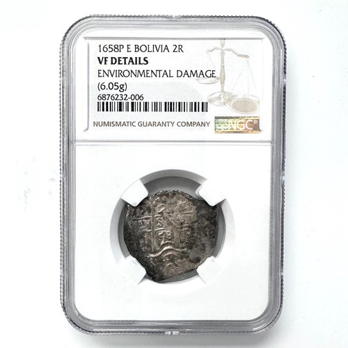 BOLIVIA 1658P E 2 REALES NGC ENVIRONMENTAL DAMAGE SILVER COIN VF ...
