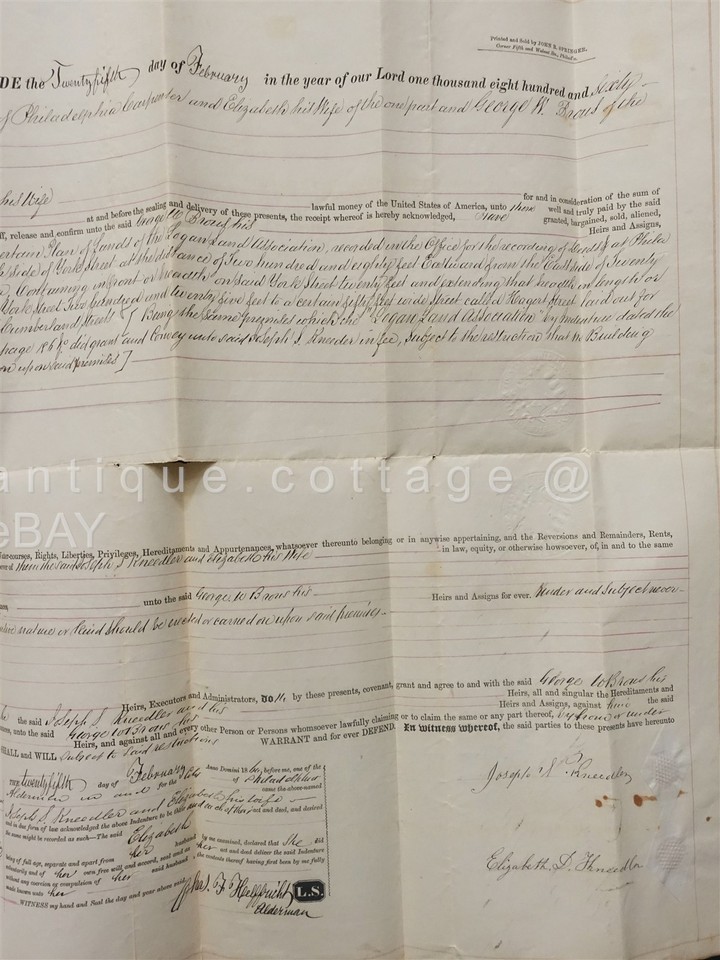 1854 antique DEED phila pa JOSEPH elizabeth KNEEDLER to GEORGE W. BROUS ...