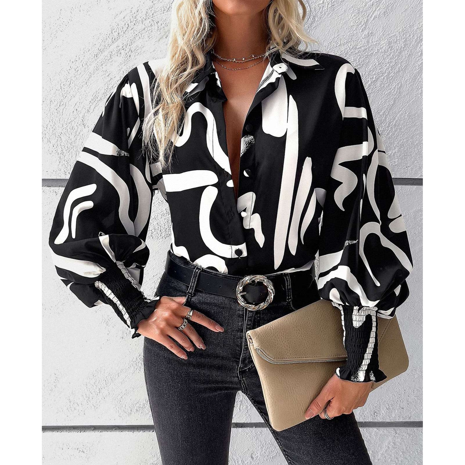 Button Up Shirt Shirred Cuff Turn Collar Button Up Blouse(Black White M ...