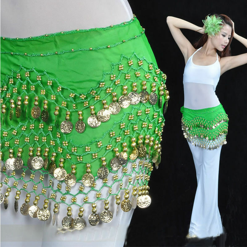 3 Rows 128 Gold Coins Belly Dance Costume Hip Scarf Skirt Belt Wrap ...