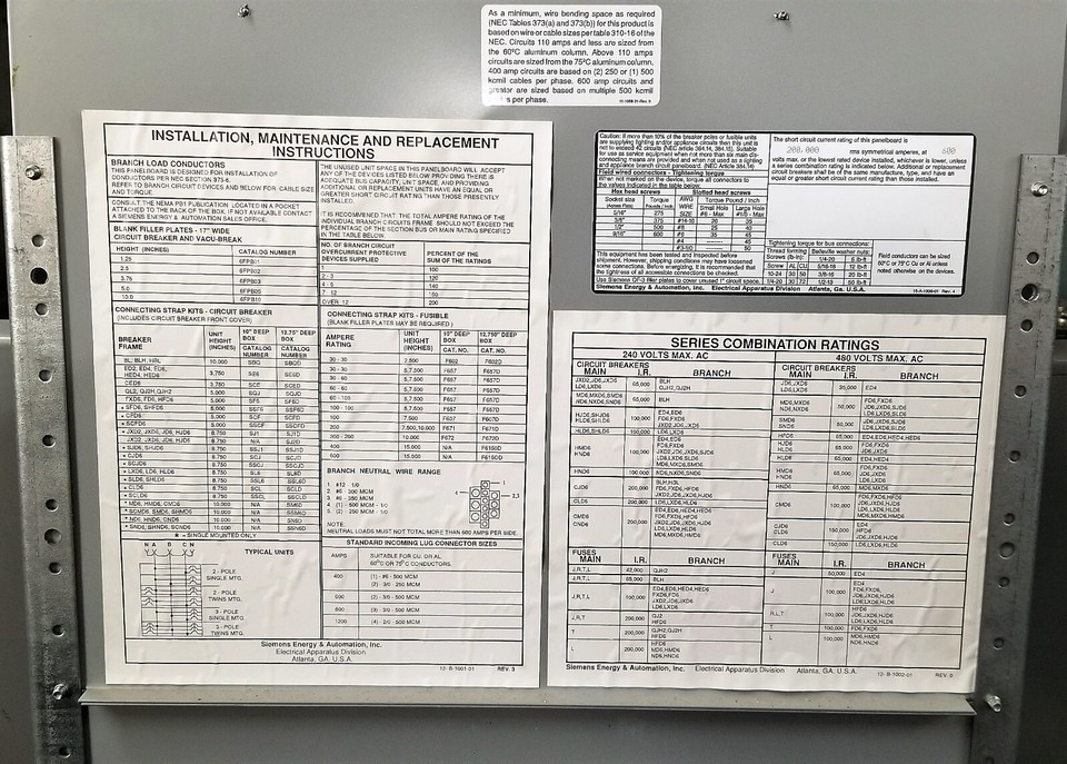 Siemens 1200A 1200 Amp 208Y120 3Ph 4W Main Lug Load Center Panelboard w ...